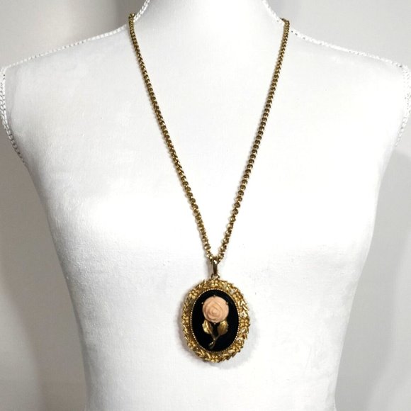 Avon | Jewelry | Vintage Avon Necklace Black Pink Rose Cameo Mirror On ...